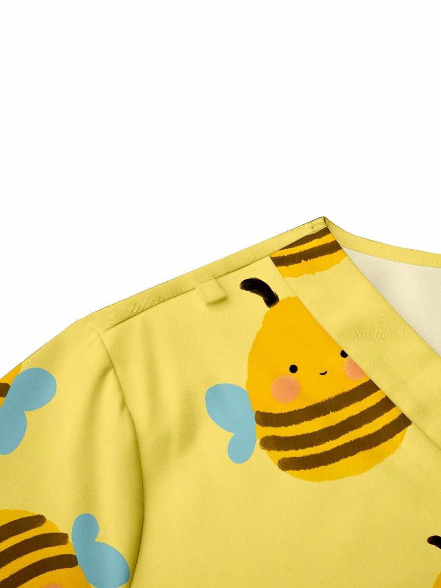 PopScrub Cute Cartoon Bee Prosperity Print V-Neck Short Sleeve Pocket ...