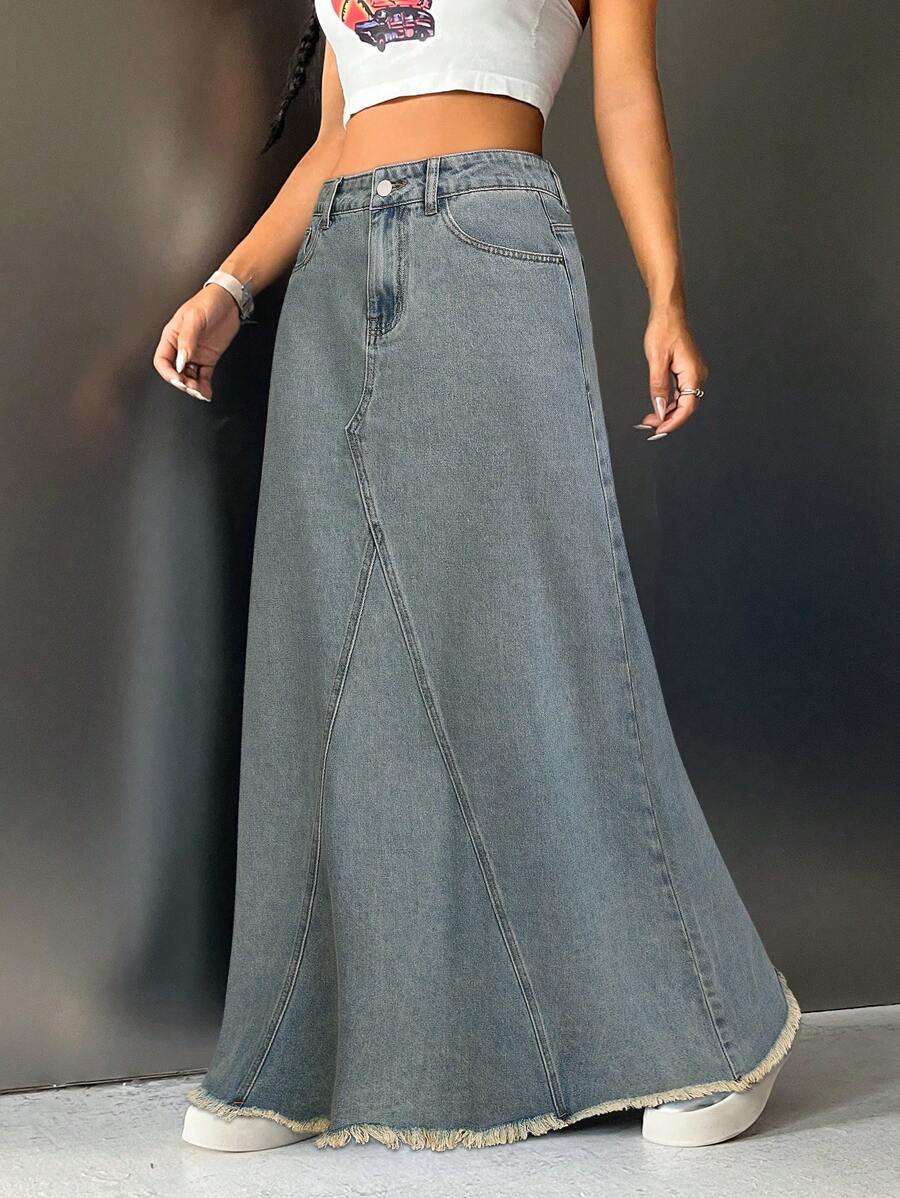 SHEIN ICON Women's Summer Side Pocket Frayed Hem Extra Long Denim Skirt ...
