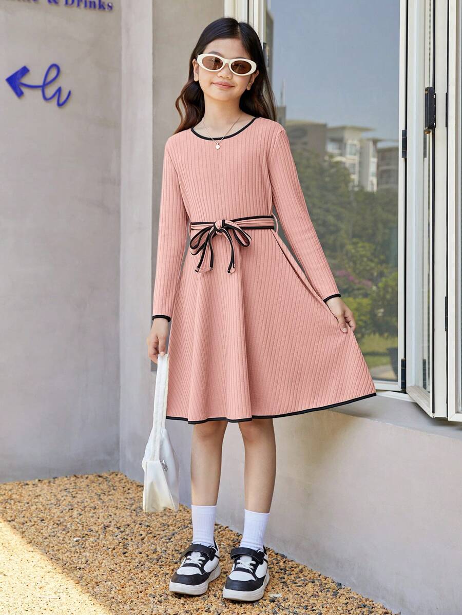 SHEIN Tween Girls' Solid Color Contrast Round Neck Fitted Casual Knit ...
