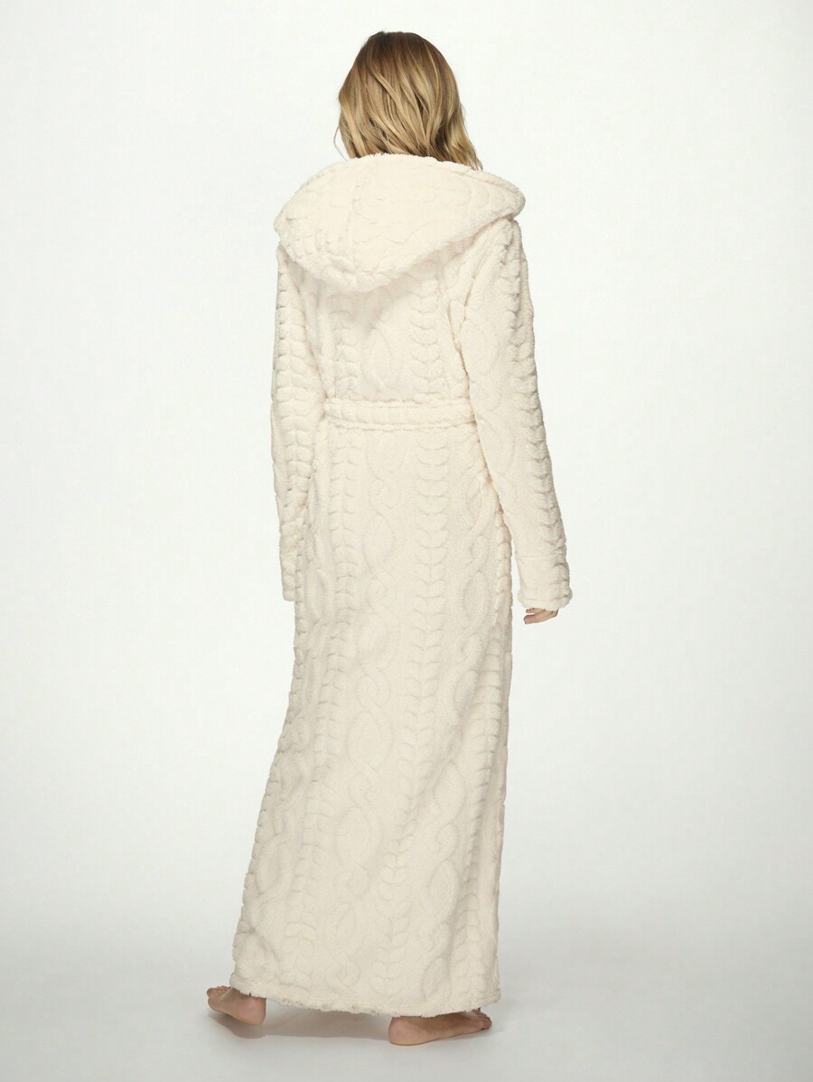 MISSGUIDED Fluffy Cable Knit Hooded Long Lounge Belted Robe | SHEIN USA