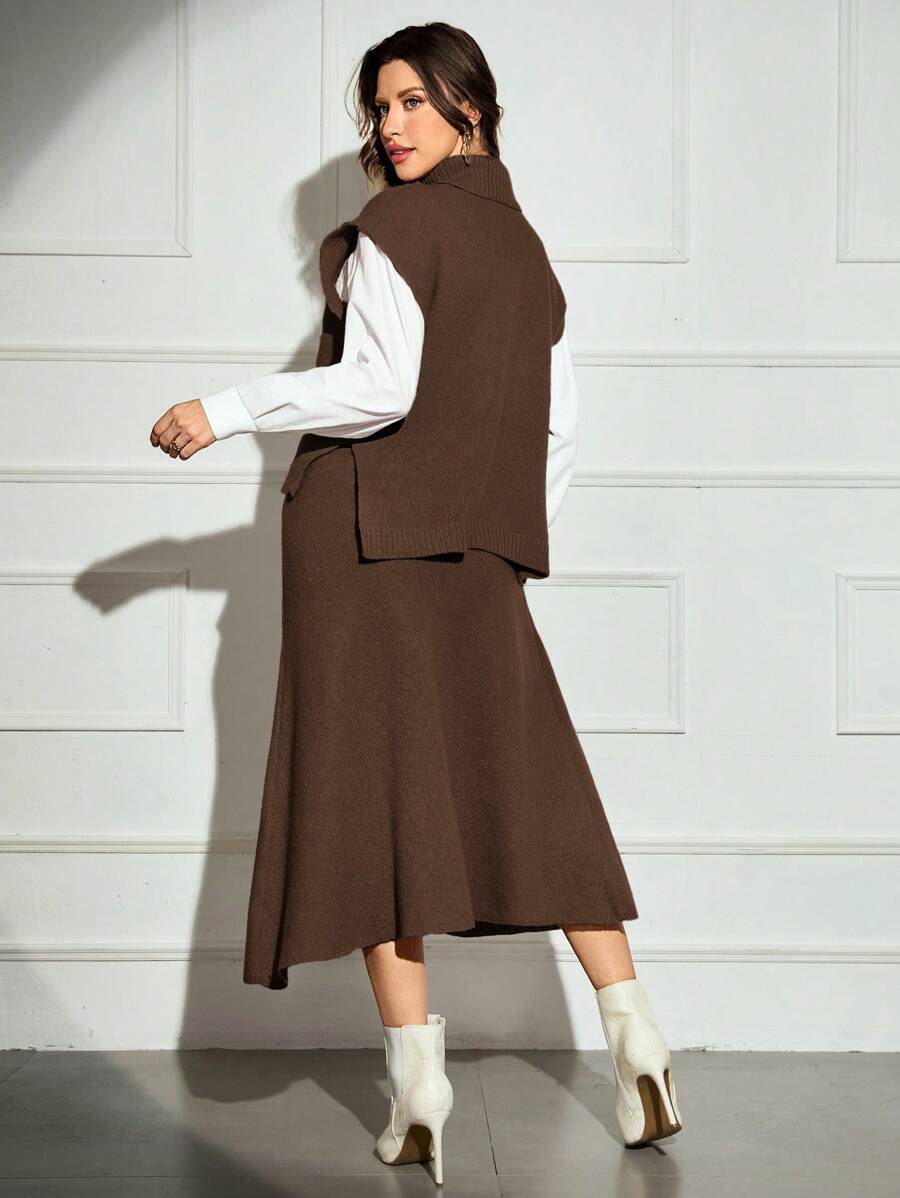 SHEIN Modely 2pcs/Set Women's Solid High Neck Sweater Vest And Knit ...