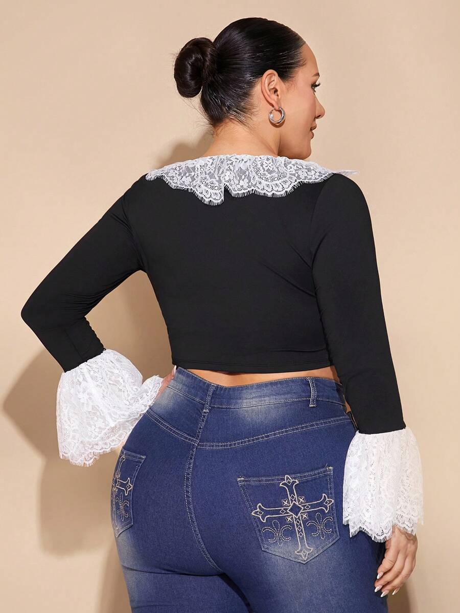 Shein Bae Plus Size Women Elegant Black And White Lace Bell Sleeve Blouse Office Women Outfits