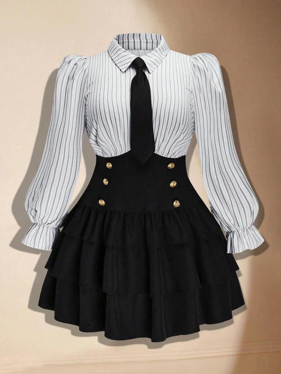 Sweetra Plus Size Women Stripe Patchwork 2 In 1 Bow Collar Layered Ruffle Hem Preppy Style ...