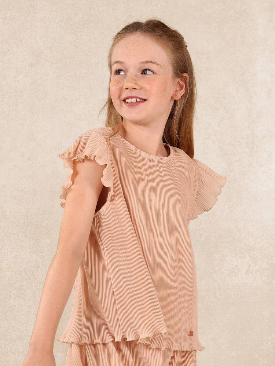SUMWON Tween Girls Regular Fit Frill Sleeve Ruffled Plisse Top And Pant ...