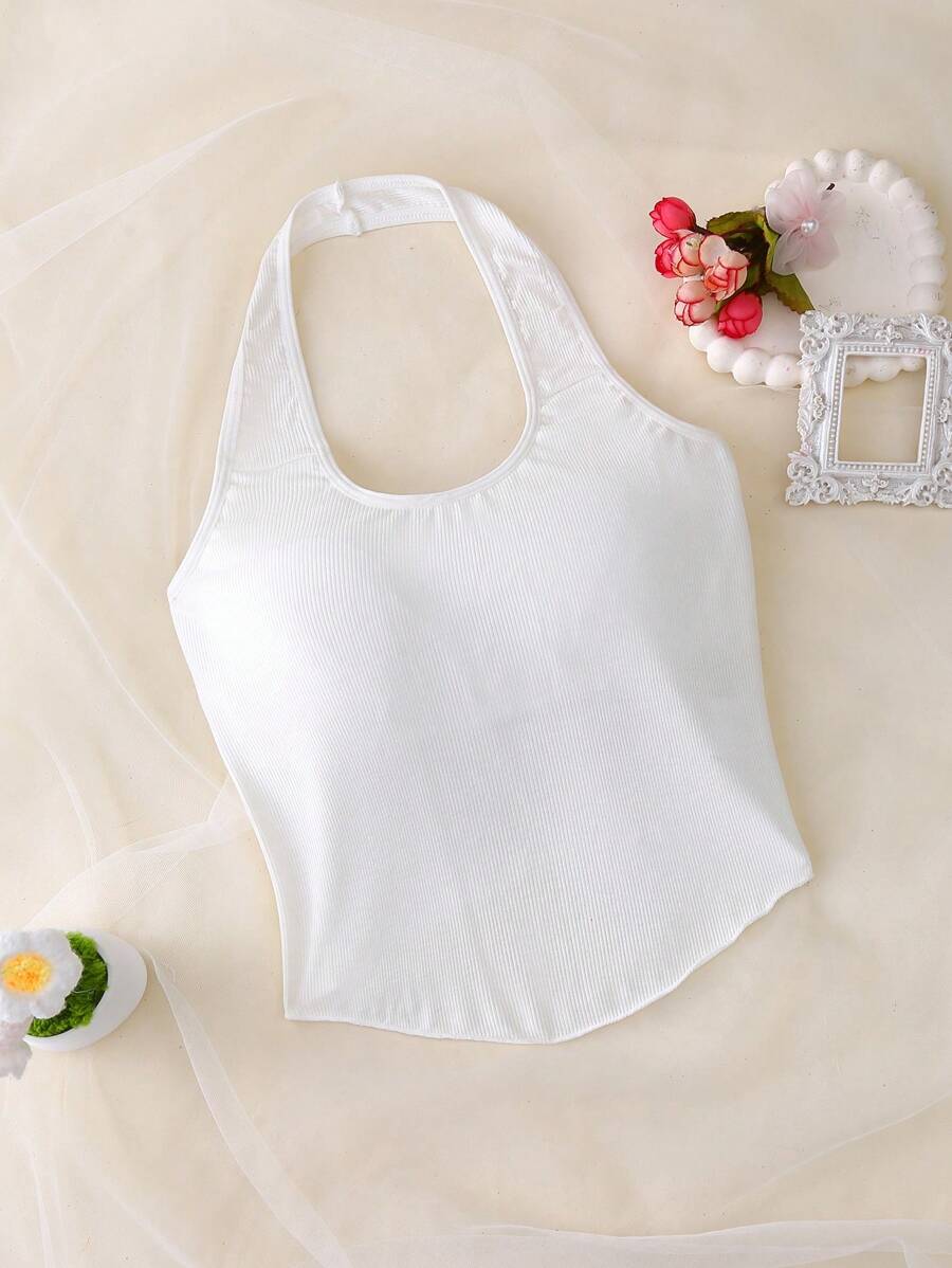 Padded Halter Neck Base Layer Top, White, For Vacation | SHEIN USA