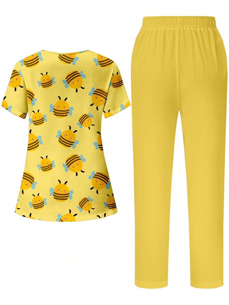 PopScrub Cute Cartoon Bee Prosperity Print V-Neck Short Sleeve Pocket ...