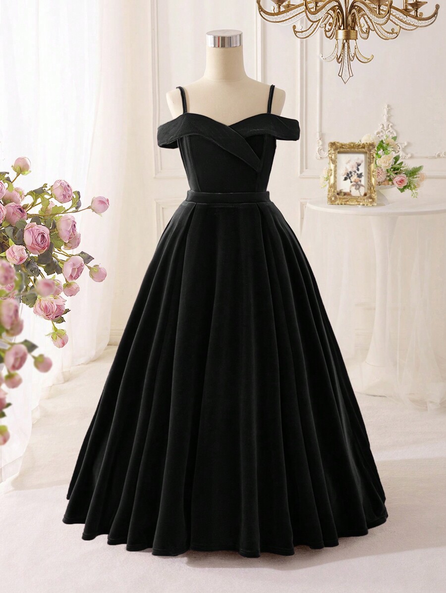 SHEIN Fern Glow Tween Girl Velvet Elegant Off Shoulder Long Dress ...