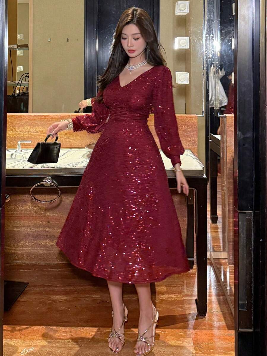 DAZY Encore Bright Red Solid V-Neck Sequin Long Sleeve Mid-Length Dress For Date Night ...