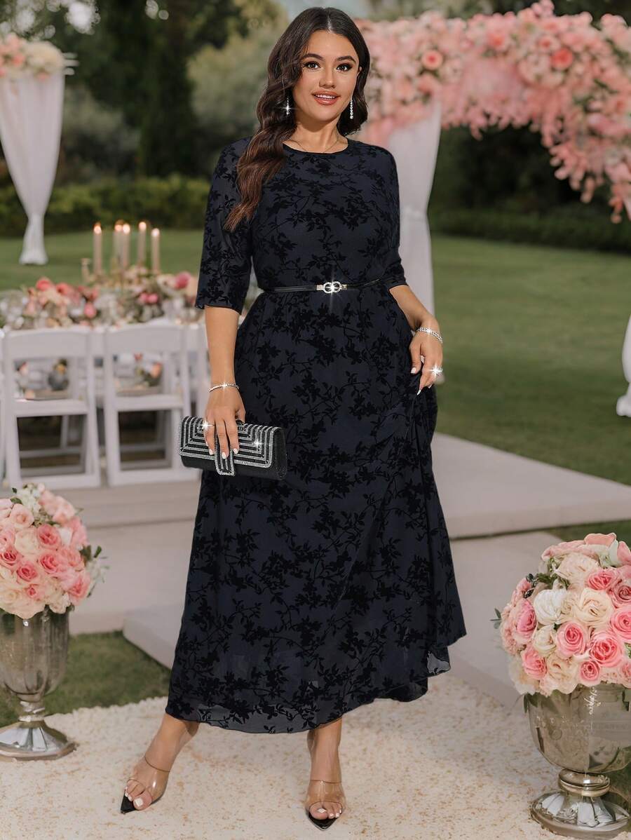 SHEIN Clasi Plus Size Women Flocked Floral Dress, Suitable For New Year ...