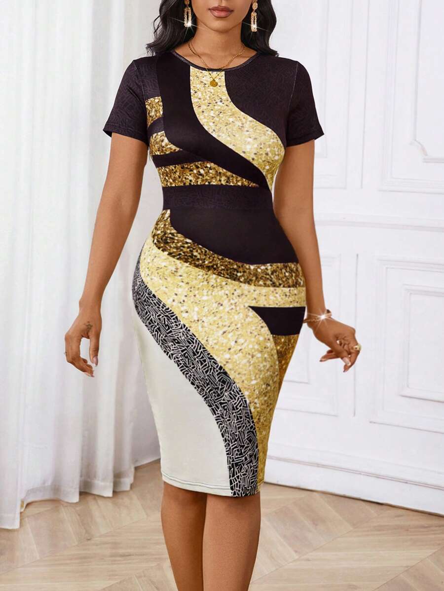 SHEIN Lady Women's Elegant Color Block Print Fitted Mid-Length Dress ...