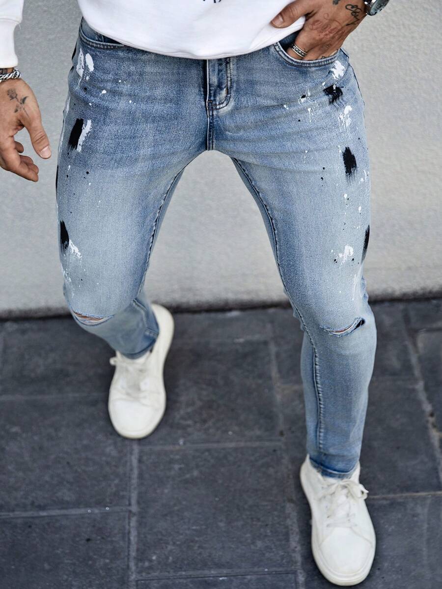 Manfinity LEGND Men's Blue Splatter Paint Slim Straight Leg Jeans ...