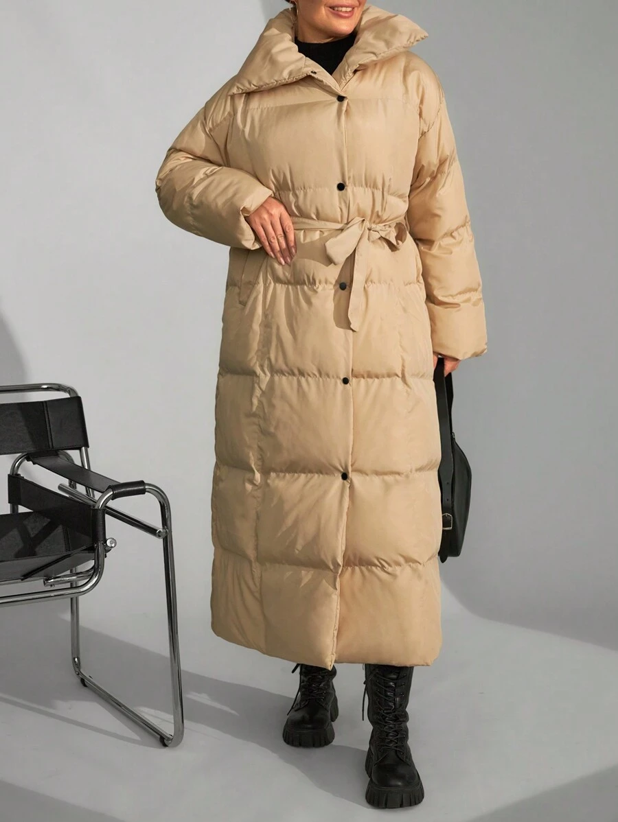 SHEIN Women's Iconic Style Quilted Shell Belted Long Puffer PLUS Winter ...