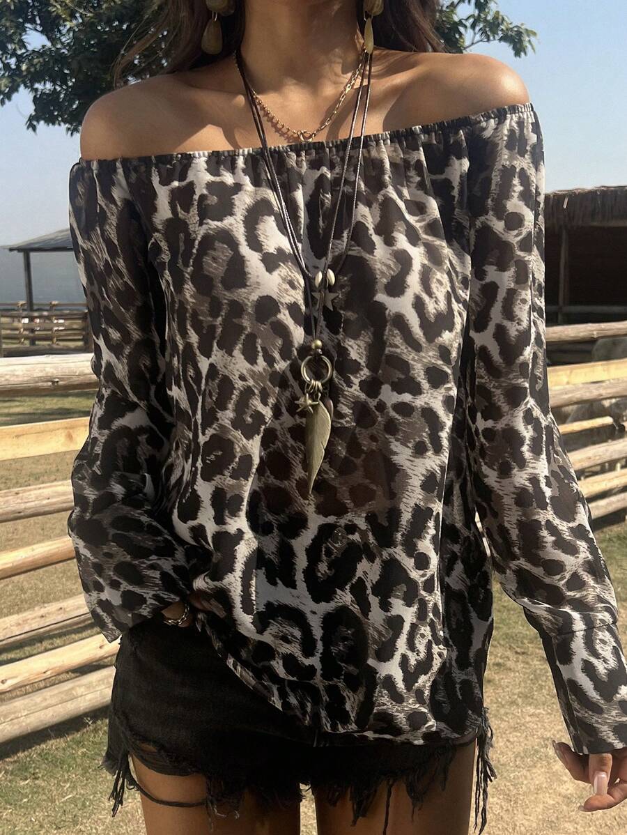 DAZY Western Style Leopard Chiffon Print Off Shoulder Women's Long ...