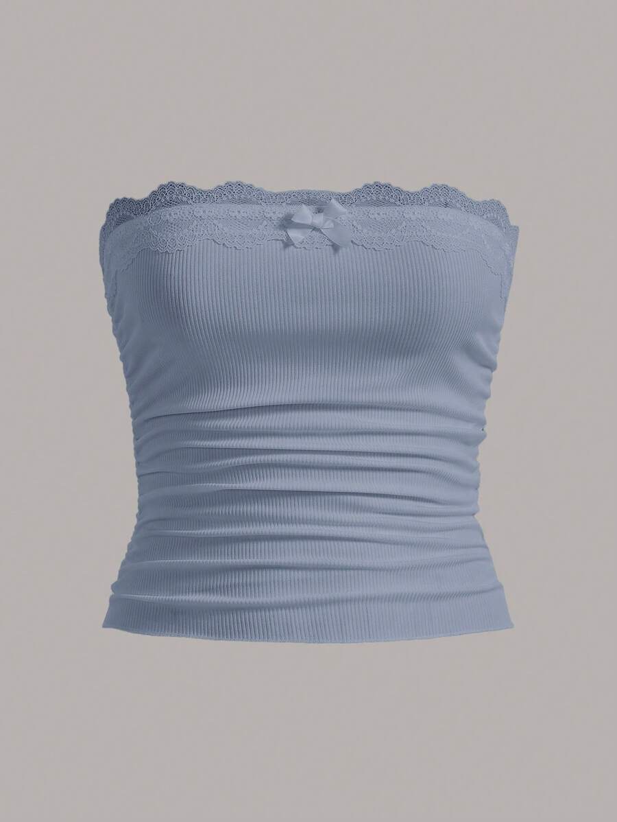 Sweetina Stretchy Knitted Lace Trim Bandeau Top | SHEIN USA