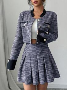 Elenzga 2pcs Knit Jacquard Elegant Jacket And Pleated A-Line Skirt Set ...