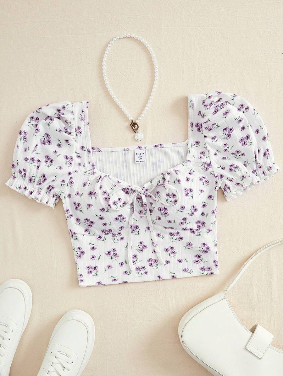 Shein Teen Girls Ditsy Floral Tie Waist Crop Top With Puff Sleeves 