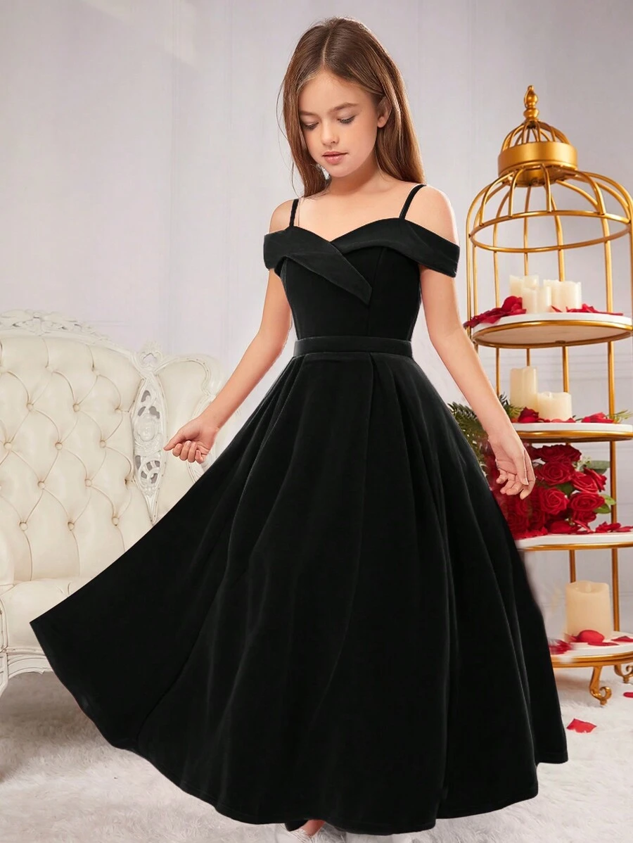 SHEIN Fern Glow Tween Girl Velvet Elegant Off Shoulder Long Dress ...