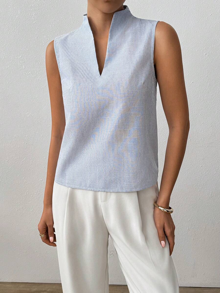 SHEIN Raffinéa Women's Sleeveless Elegant Casual Linen Striped Shirt ...