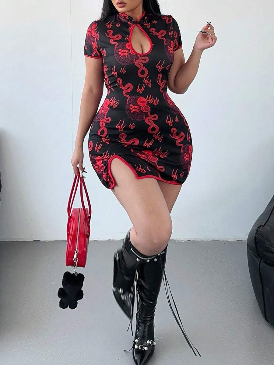 POPSWAY Plus Size Chinese Style Snake Print Mandarin Collar Fitted Mini ...
