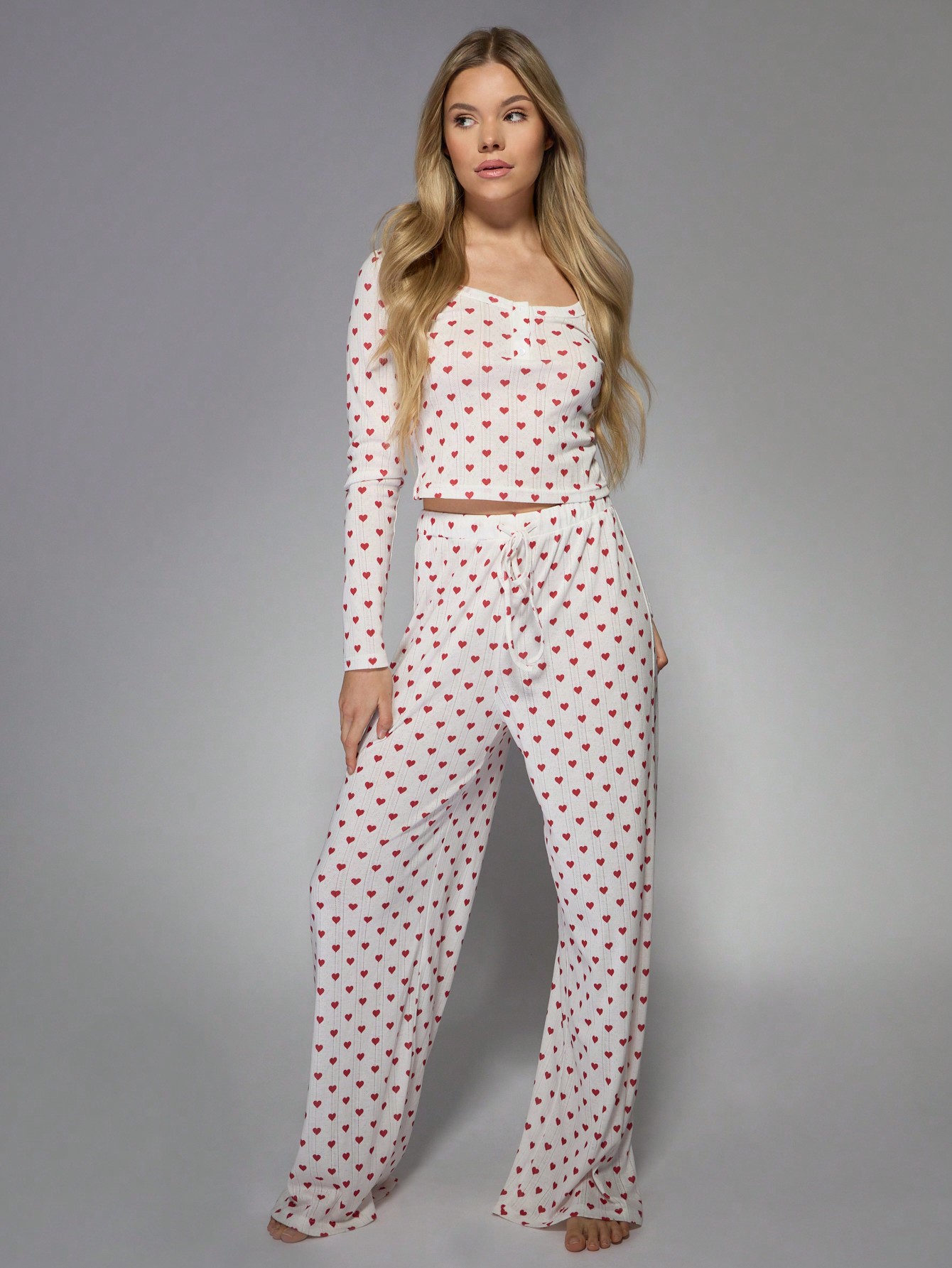 Heart Print Ribbed Knit Long Sleeve Two Piece Pajama Set｜MISSGUIDED