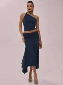 MUSERA Slinky Ruched Asymmetrical Neck Knot Detail Asymmetric Top ...