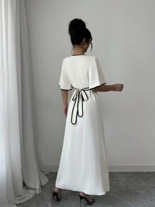 Elenzga Women's New Spring/Summer Design Sense Apricot Contrast Black V-Neck, Ruffled Sleeves ...