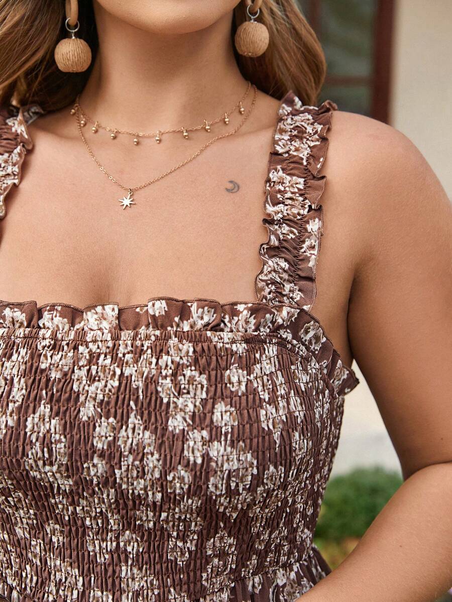 SHEIN LUNE Floral Ruffle Decor Elastic Waist Dress, Plus Size Boho ...