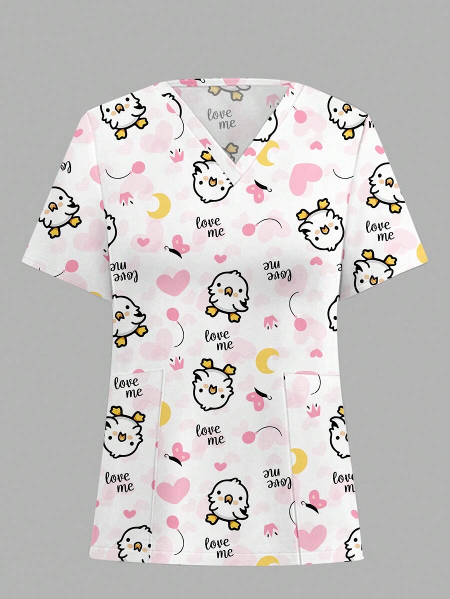 SHEIN TaskFit V-Neck Cartoon Allover Print Simplified Worker Uniform ...