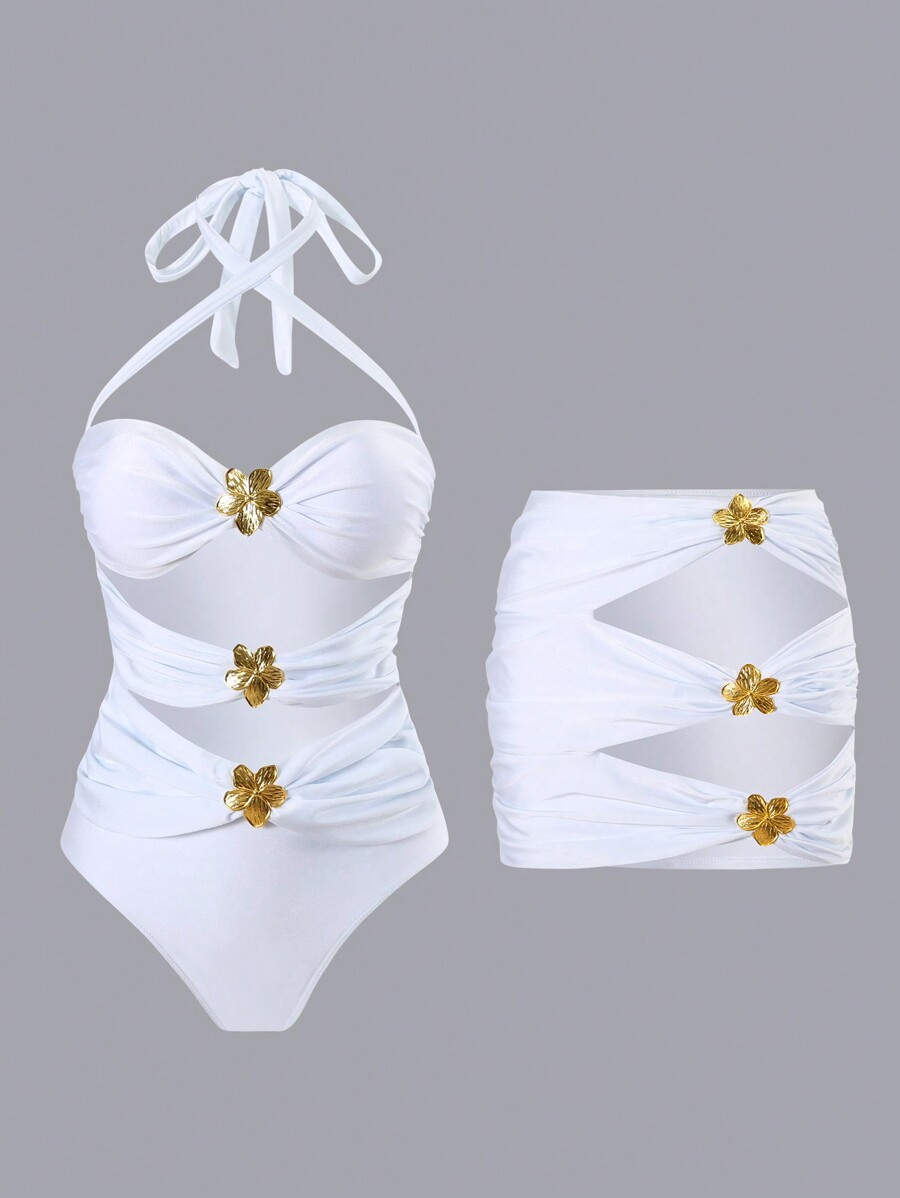SHEIN Swim Oasis Summer 2pcs/Set White Elegant Hollow Out Floral Metal ...