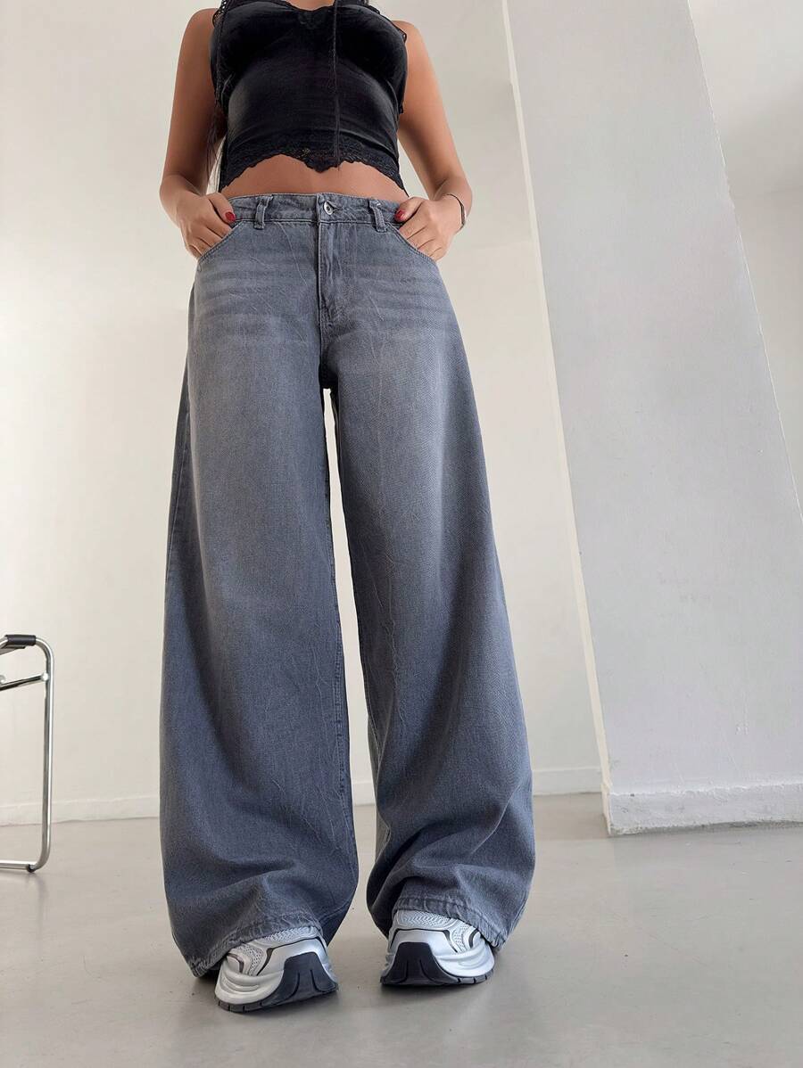 SHEIN LOW RISE WIDELEG FIT DARK GREY Y2K STYLE BAGGY JEANS for Sale ...