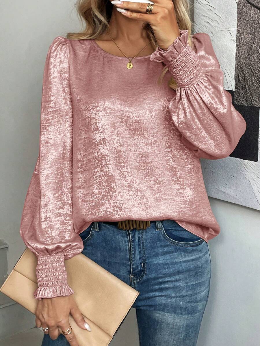 SHEIN LUNE Women's Round Neck Gold Foil Detail Flared Sleeve Blouse ...