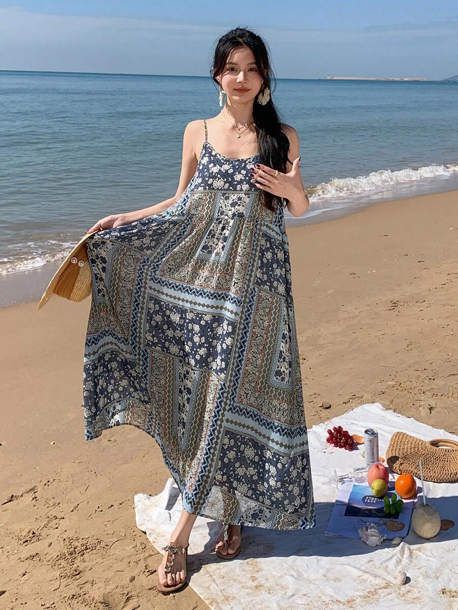 DAZY Women Spaghetti Strap Printed Casual Long Dress For Summer Beach ...