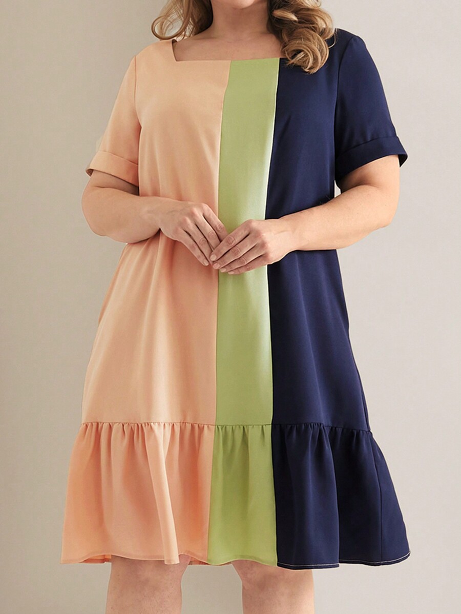 EMERY ROSE Plus Size Color Block Patchwork Short Sleeve Casual Dress ...