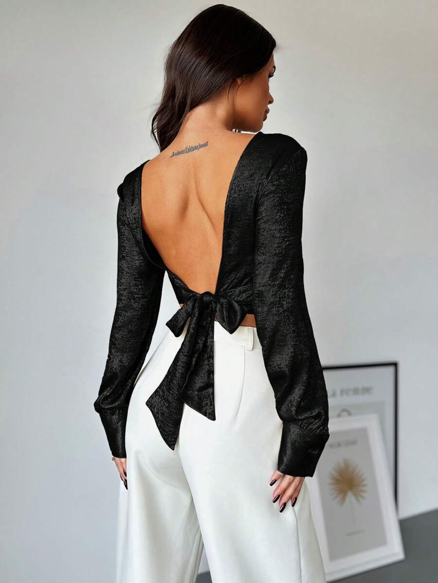 Firerie New Elegant Party & Commute Fashion Solid Gold Long Sleeve Backless Bowknot Cinched ...