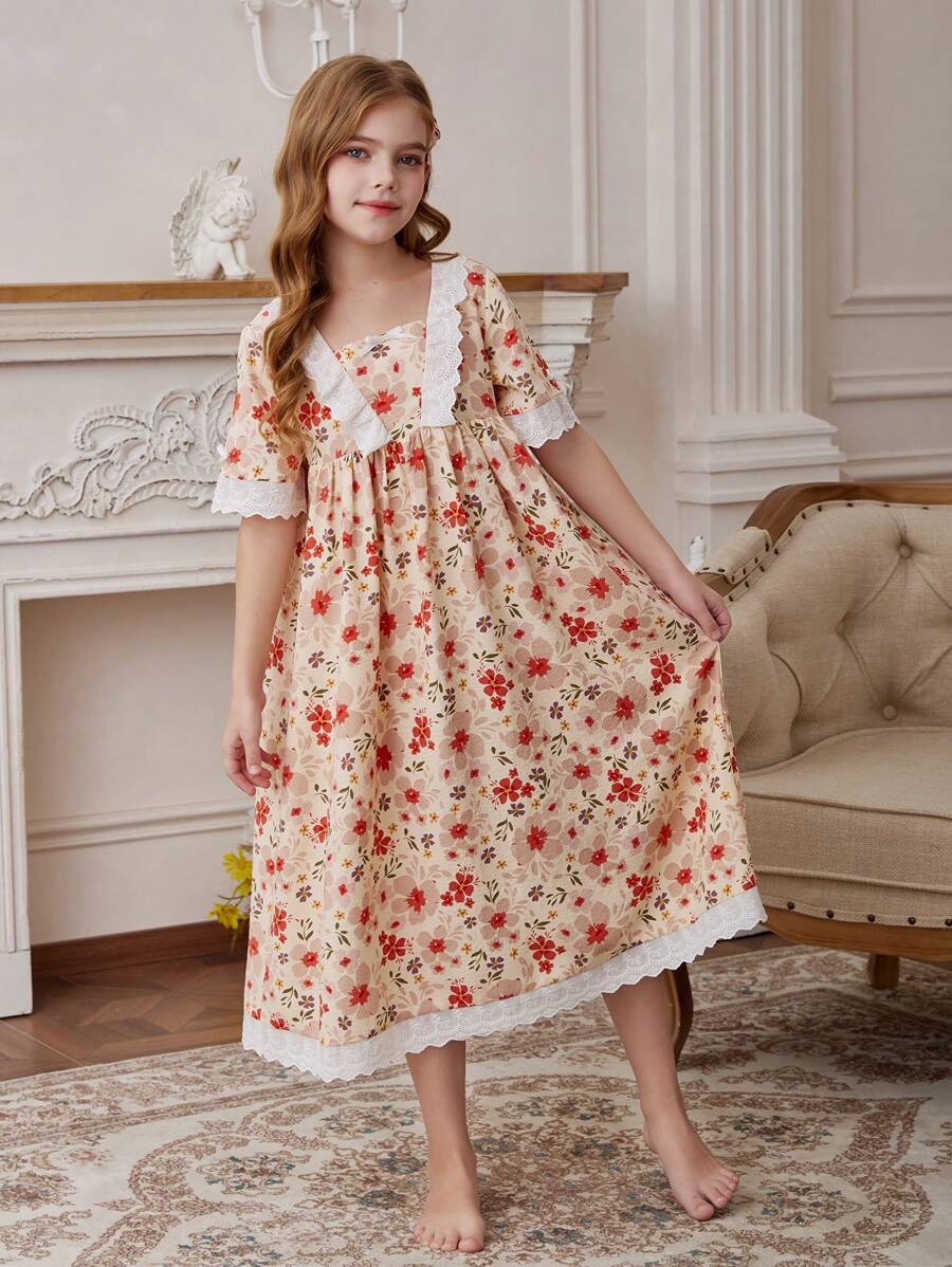 SHEIN Tween Girl Vintage Floral Print Lace Trim Princess Style ...