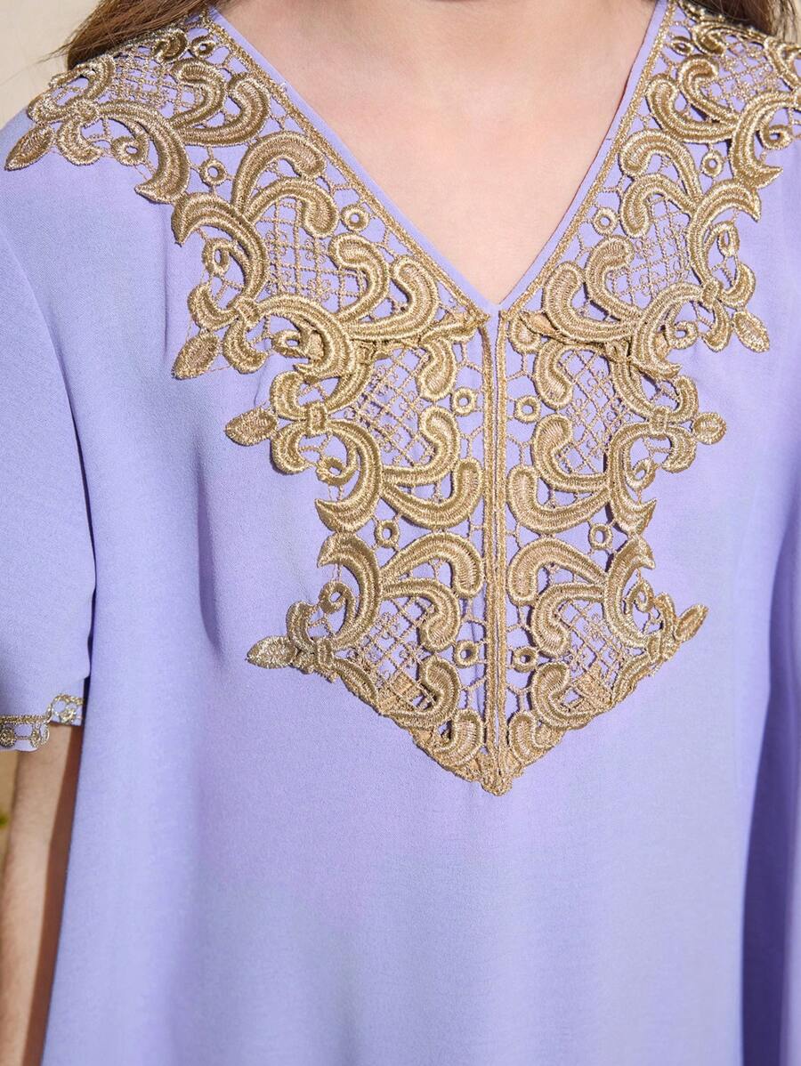 SHEIN Tween Girls' Solid Color V-Neck Ribbon Trim Short Sleeve Dress ...