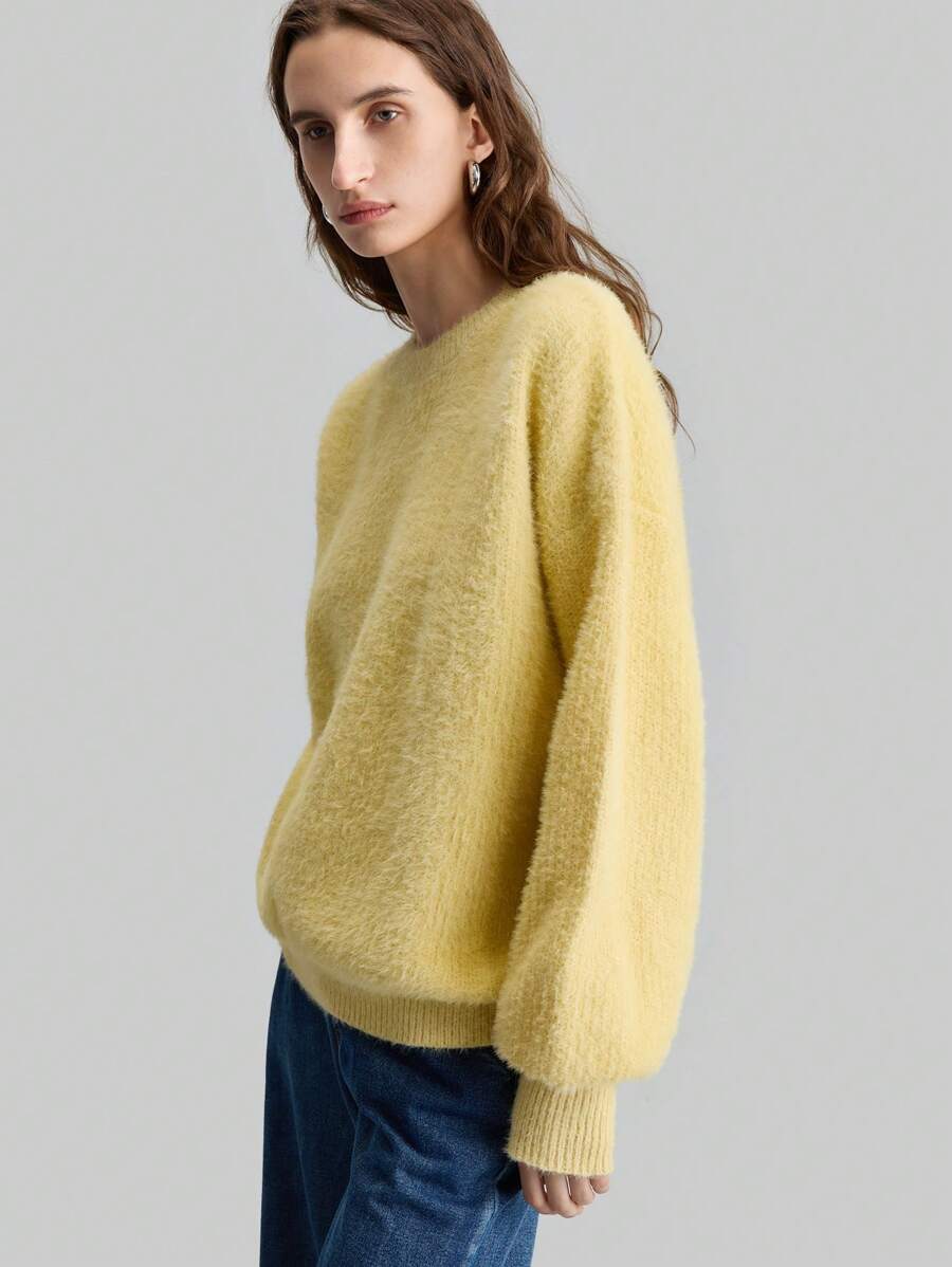 Ontre Women's Oversized Yellow Mohair Crew Neck Sweater, Versatile For ...