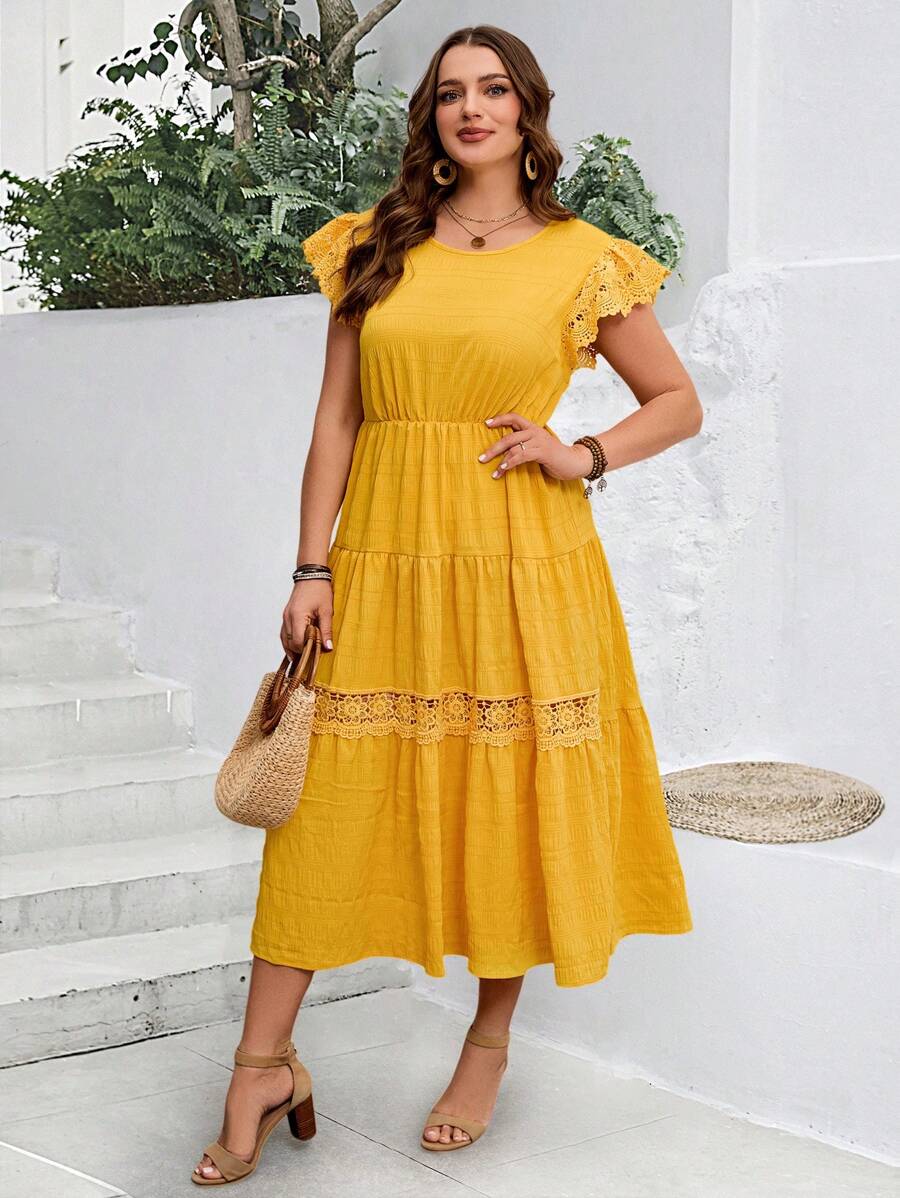 EMERY ROSE Plus Size Casual Vacation Solid Color Lace Splice Cap Sleeve ...