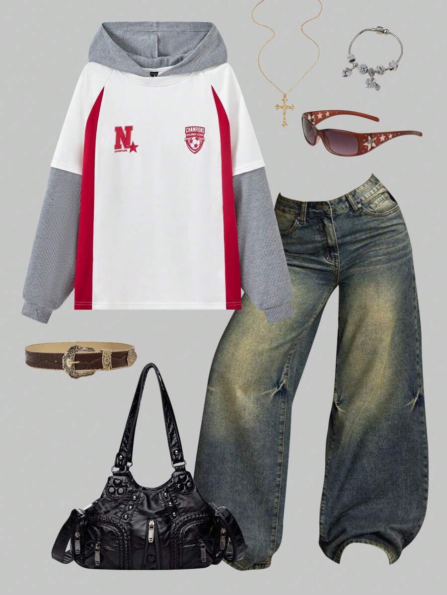 SHEIN EZwear Tween Girls Y2K Cargo Couple Same Style Number Pattern Graphics Football Sweatshirt ...