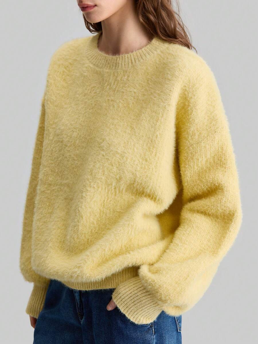 Ontre Pull ample en mohair jaune col rond pour femmes, nouveauté printemps 2025, décontracté ...