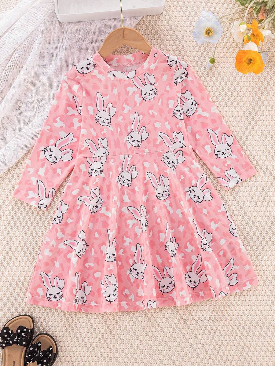 SHEIN Girls Easter Pink Leopard Bunny Print Round Neck Simple Sweet ...