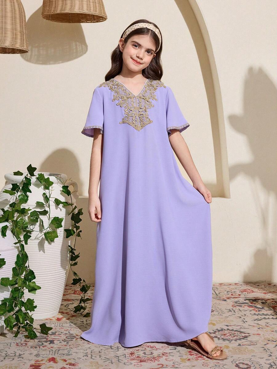 SHEIN Tween Girls' Solid Color V-Neck Ribbon Trim Short Sleeve Dress ...