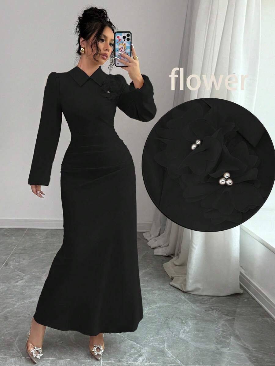 SHEIN Raffinéa 1 ชิ้น ชุดมิดิเอเลกแกนต์ที่ม้วนพับผู้หญิง ปก Turndown และแขนบานยาวมักซี ชุด ...