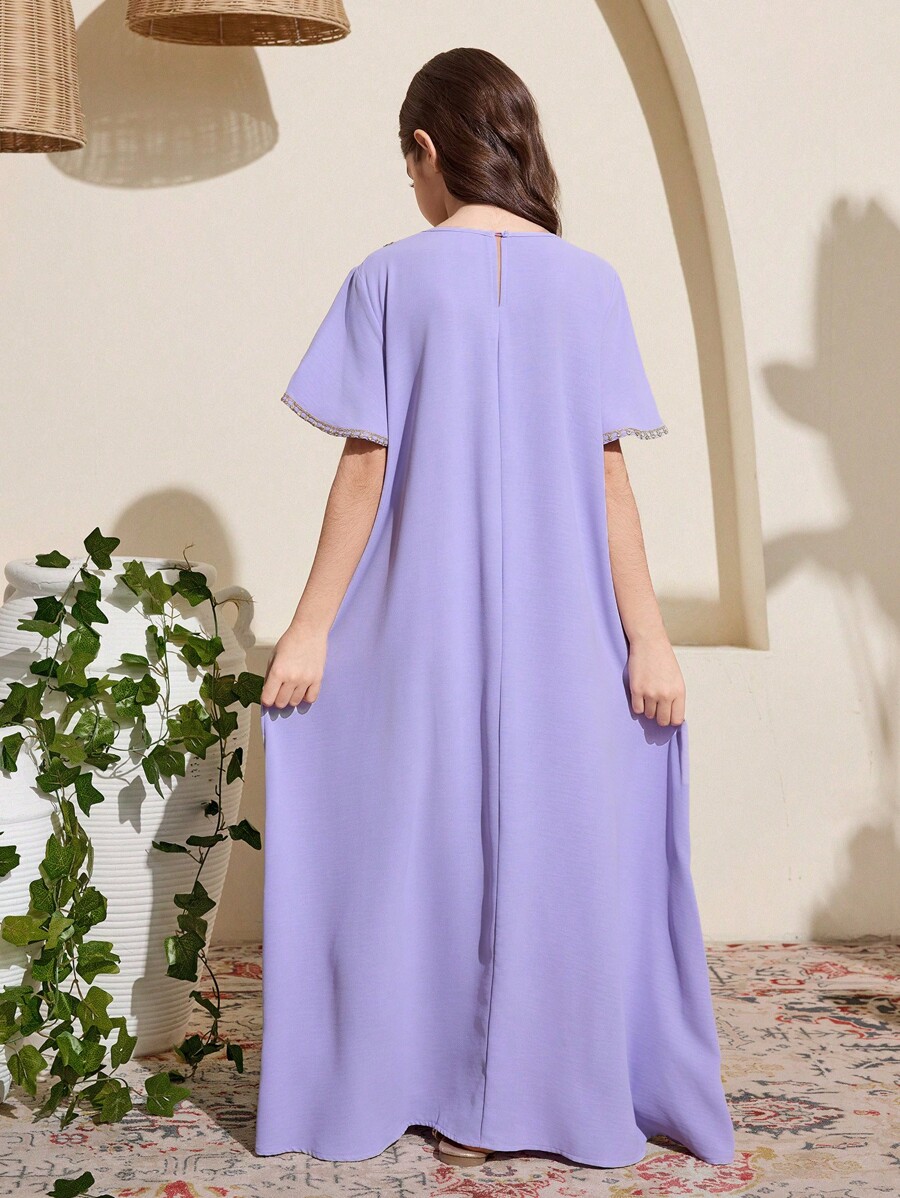 SHEIN Tween Girls' Solid Color V-Neck Ribbon Trim Short Sleeve Dress ...