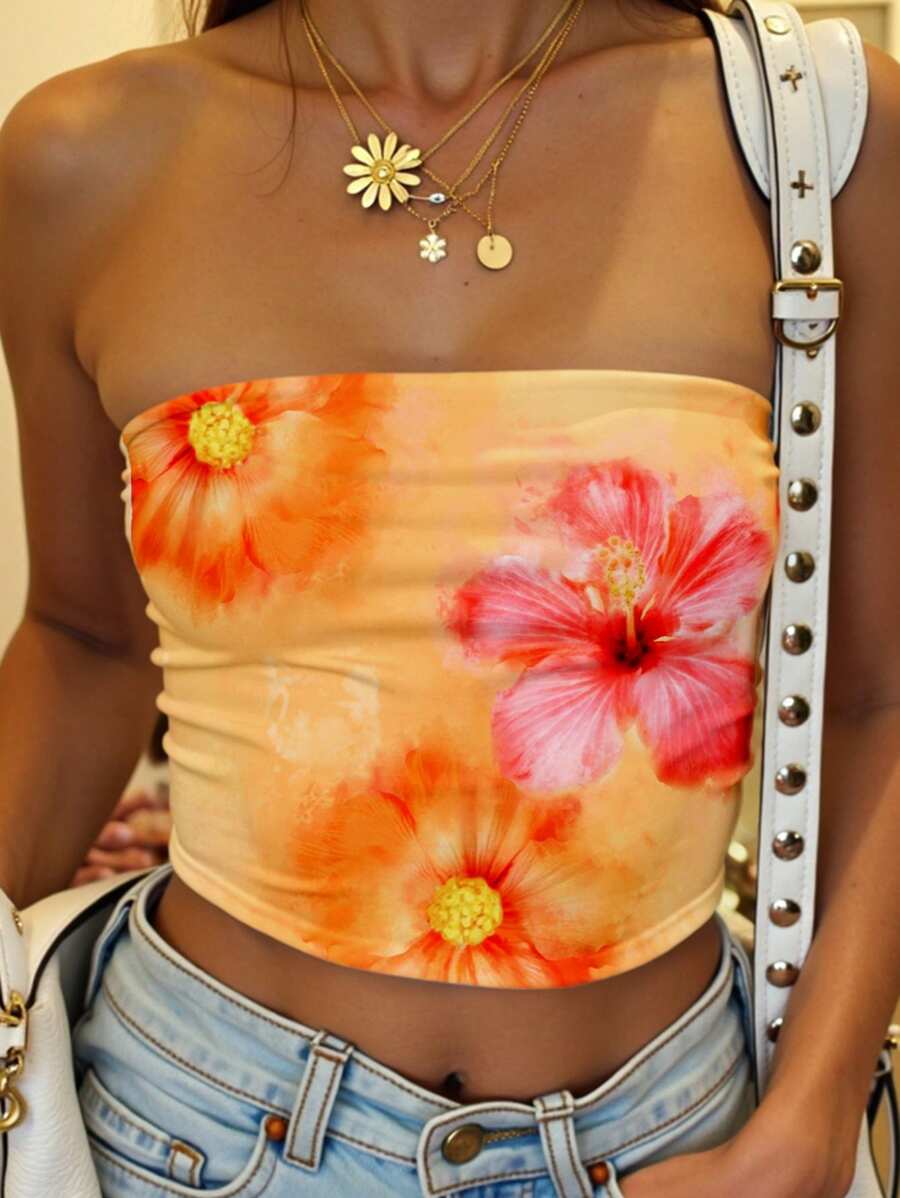 SHEIN EZwear Women's Orange Hibiscus Floral Print Tube Top, Summer Crop ...