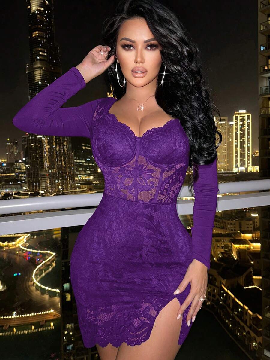 Shein Vavaluxe Knitted Lace Cup Detail Long Sleeve Sexy Women Dress