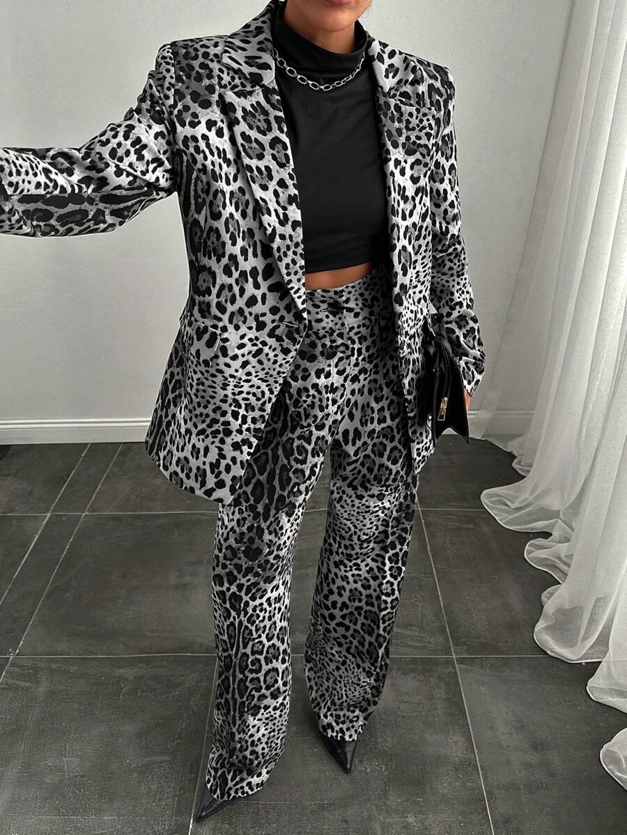 SHEIN Leopard Print Suit Blazer And Pant Set Effortless Chic | SHEIN UK