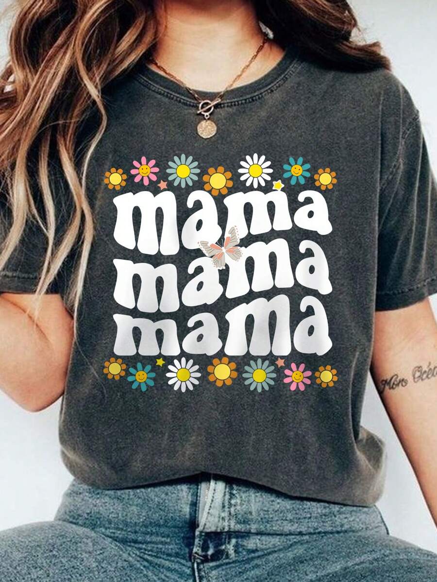 SHEIN LUNE Plus Size Retro Floral & Mama Print For Mom For Mother Day ...