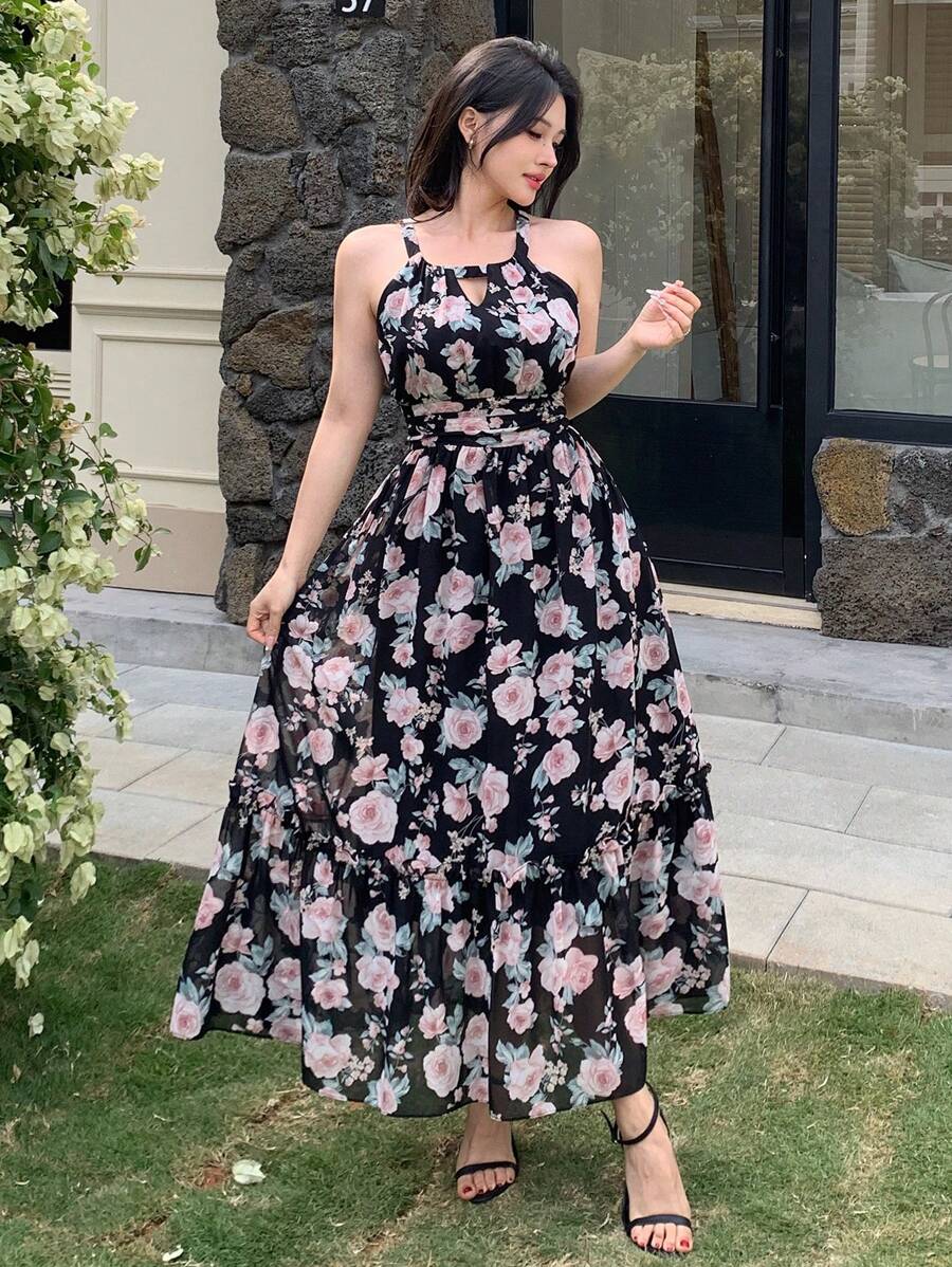 DAZY Floral & Botanical Print Chiffon Dress, Beach Resort Halter Neck Style | SHEIN UK