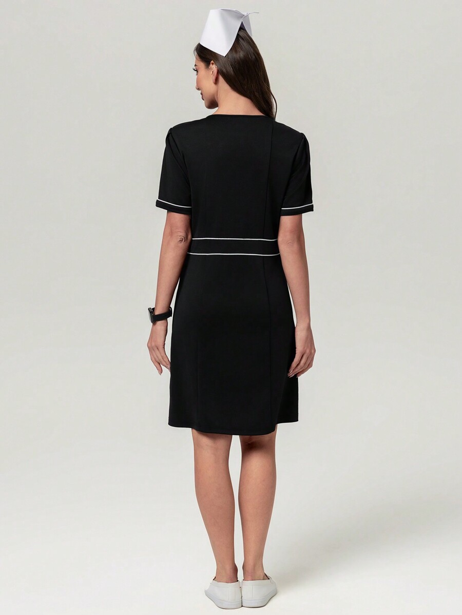 SHEIN TaskFit Black & White Contrast Square Neck Nurse/ Uniform Dress ...